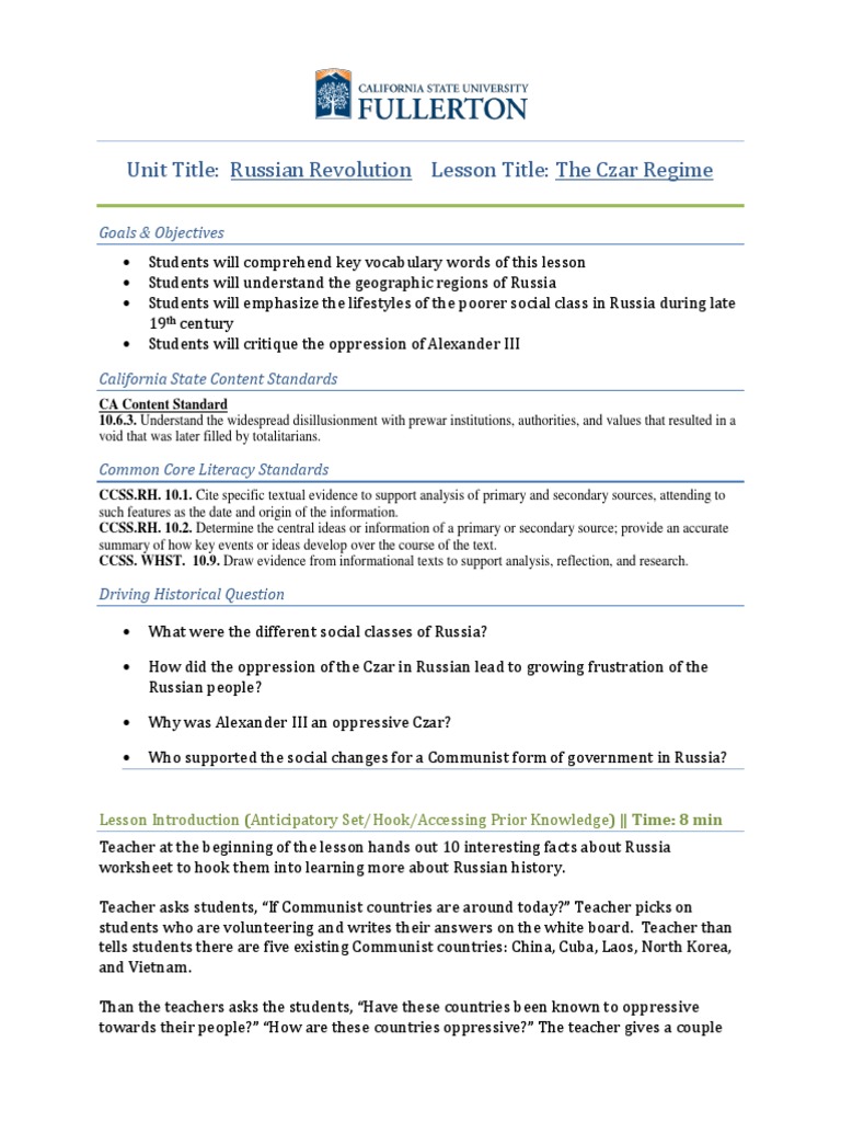 Lesson Plan 1 Czar | PDF | Russian Empire | Nicholas Ii Of Russia