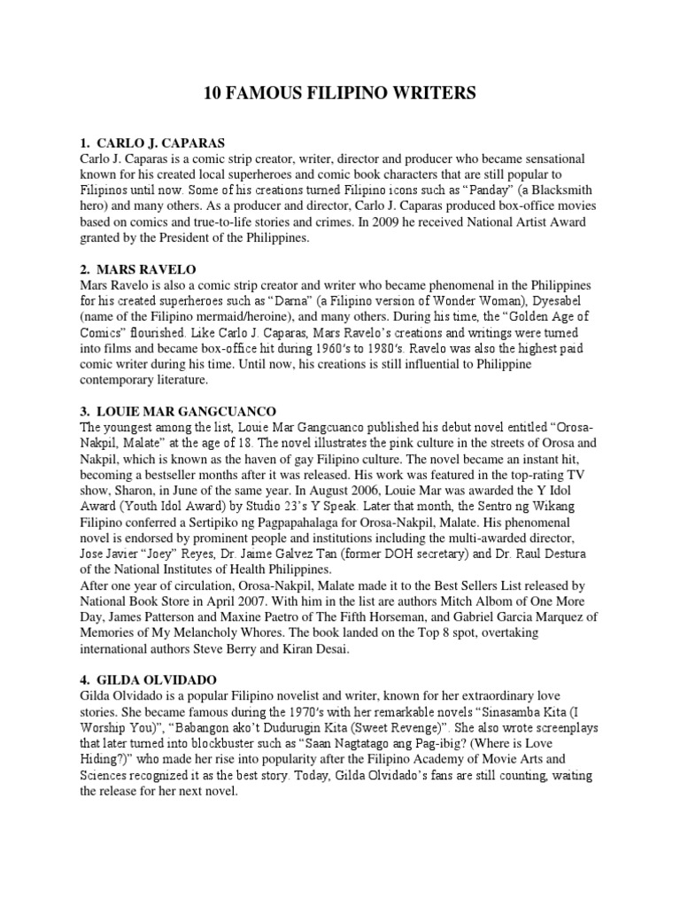 10 Famous Filipino Writers | PDF | Philippines | Poetry