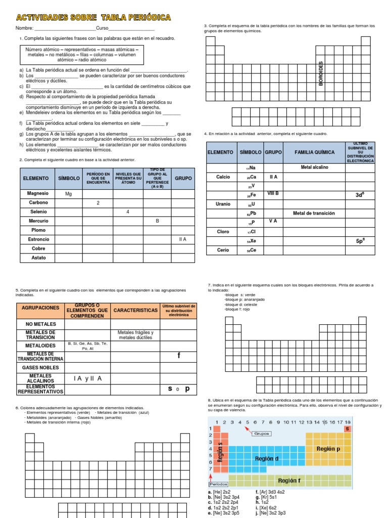 actividades tabla periodica 1° D | Tabla periódica | Elementos químicos