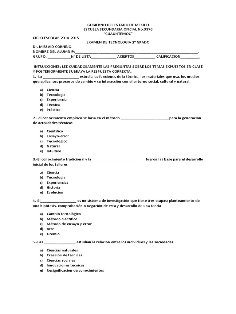 Examen de Tecnología 2° Grado | PDF