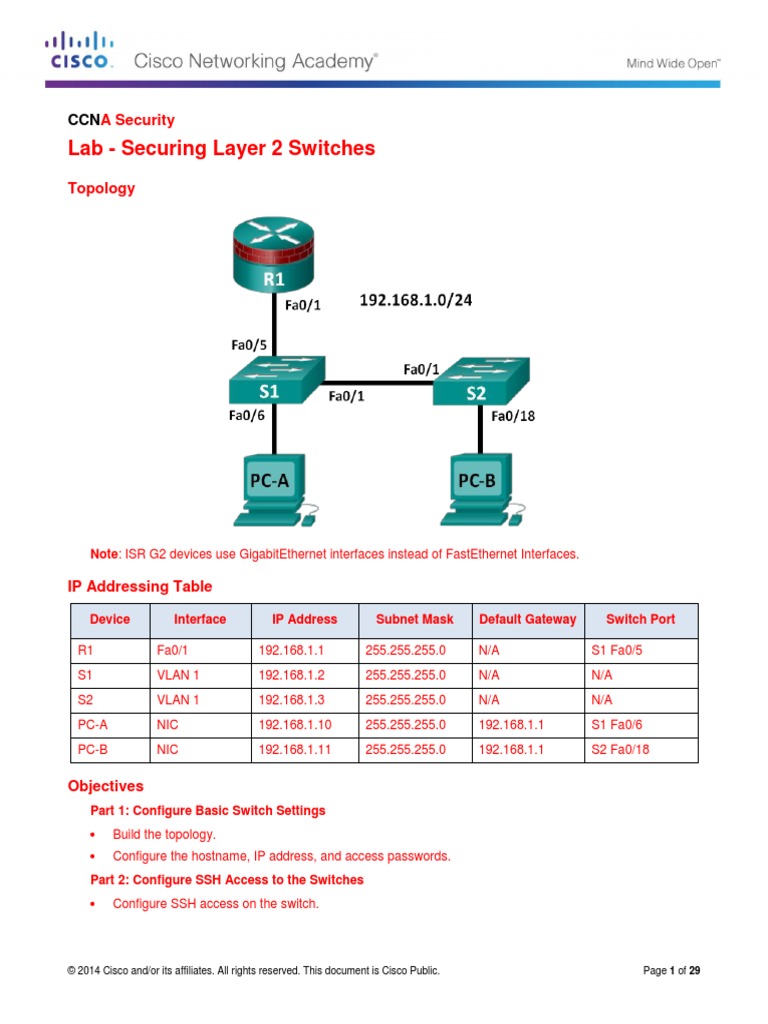 6.5.1.1 Lab - Securing Layer 2 Switches | PDF | Network Switch | Secure Shell