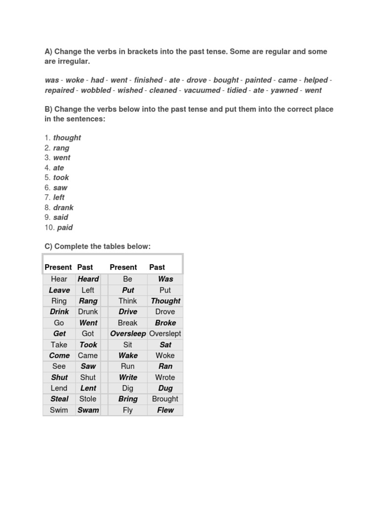 Past Tense - Irregular Verbs Answers | PDF