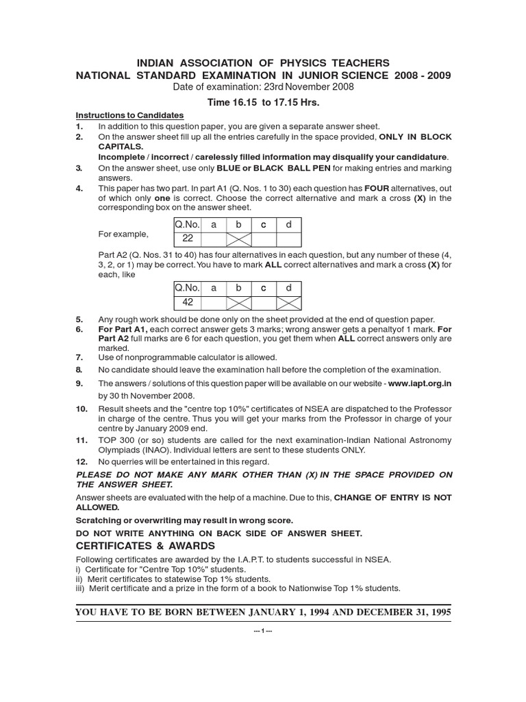 STD IX-X NSEJS 2009 Test Paper | PDF