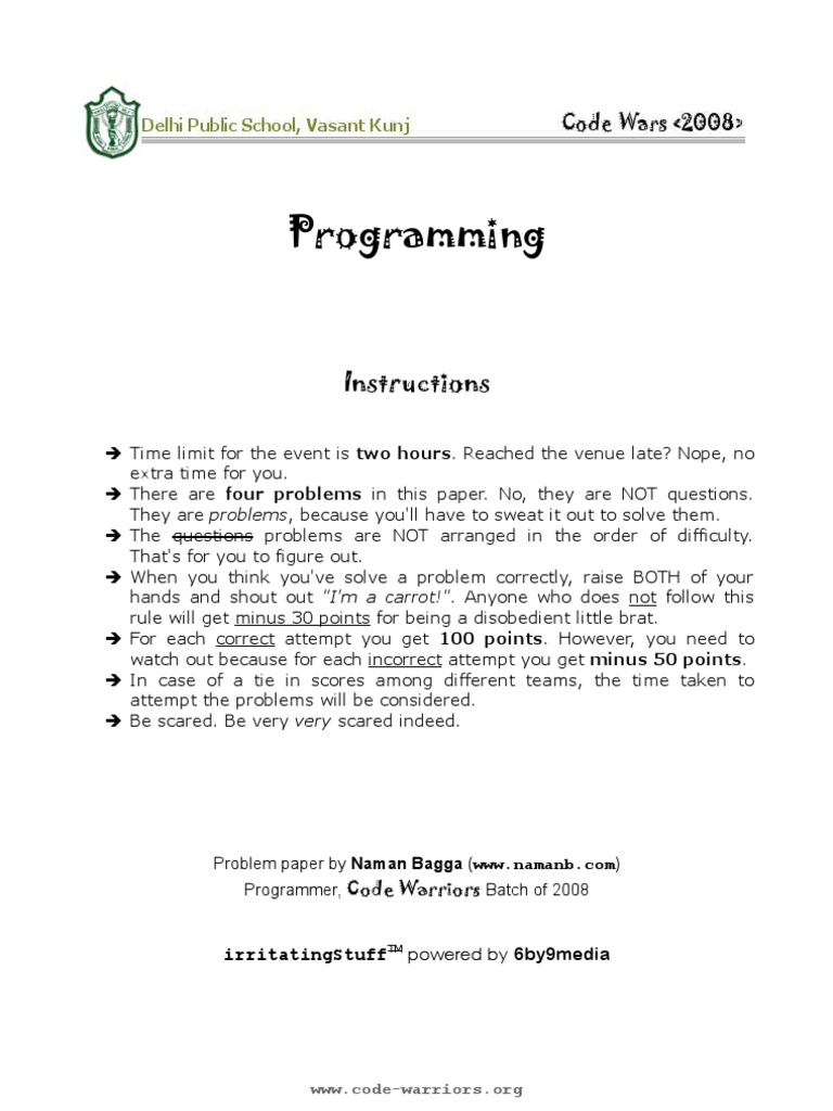 Code Wars 2008 Programming Questions Pdf String Computer Science