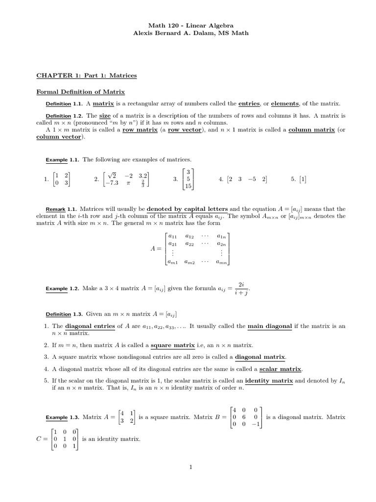 1.1 Matrix and Properties | PDF | Matrix (Mathematics) | Linear Algebra