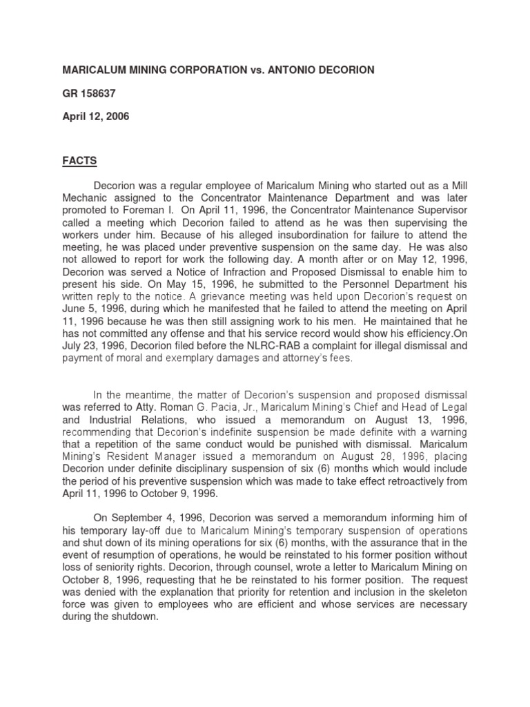 Maricalum Mining vs. Decorion: Dismissal Case | PDF | Employment ...