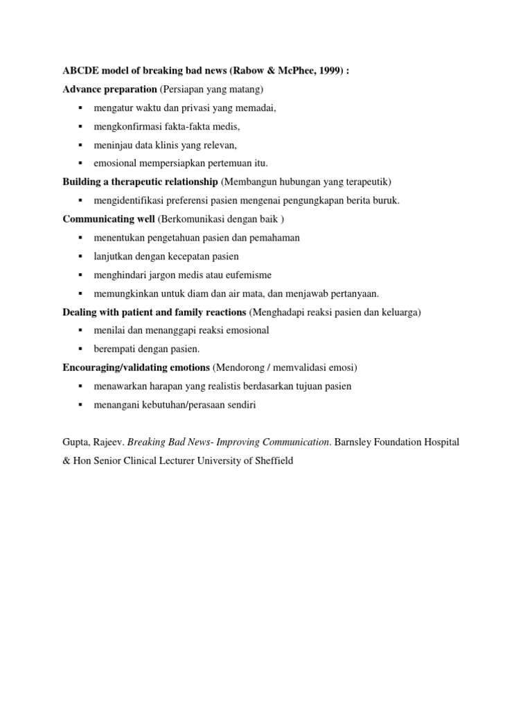 ABCDE Model of Breaking Bad News | PDF