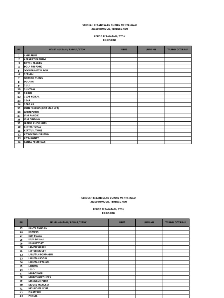 Rekod Peralatan Bilik Sains | PDF