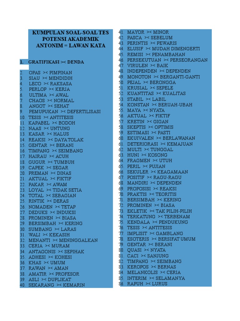 KUMPULAN SOAL Antonim Lawan Kata | PDF