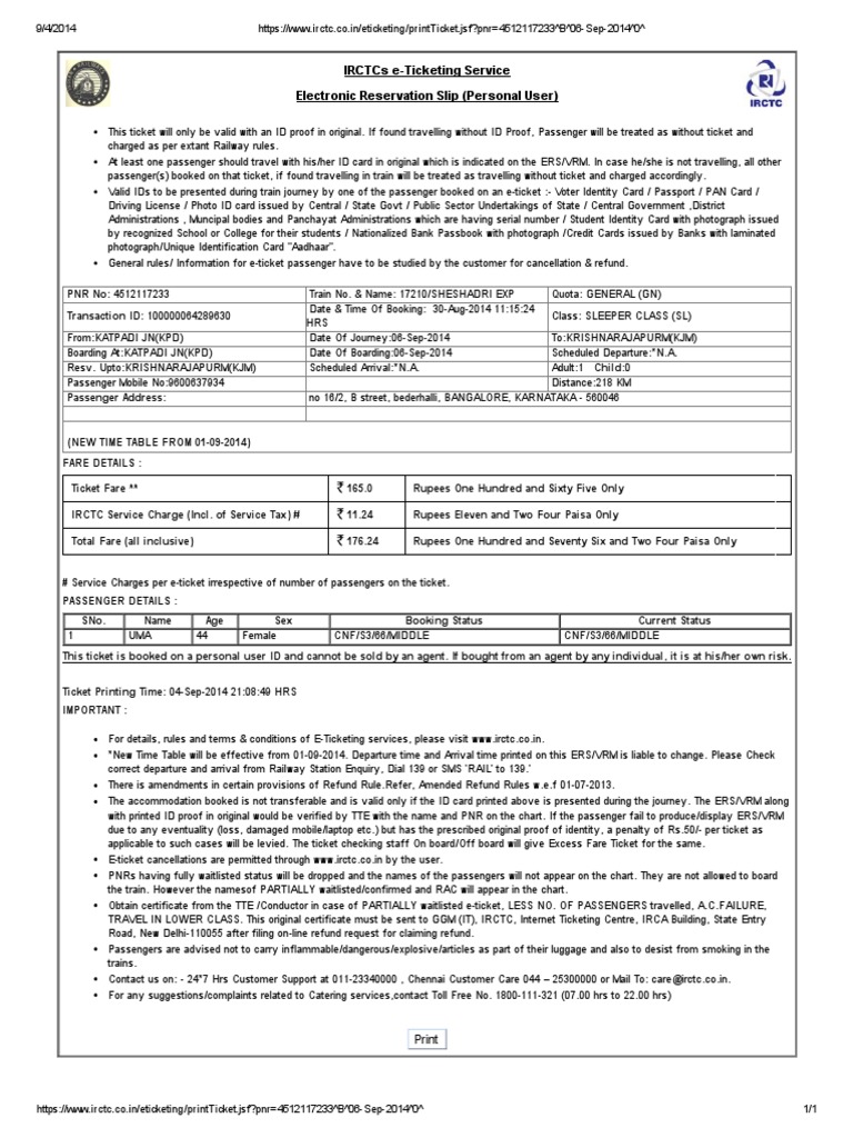 Electronic Reservation Slip for Train Travel from Katpadi Junction to ...