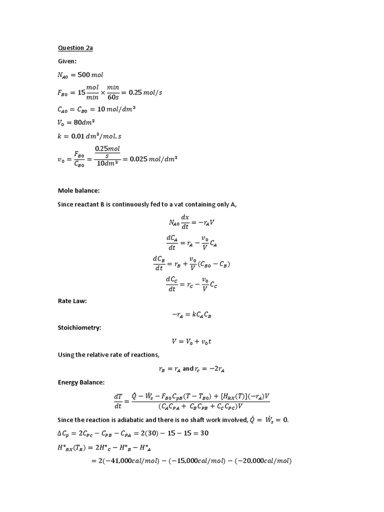 Question 2a Given:: Mole Balance | PDF | Teaching Methods & Materials ...