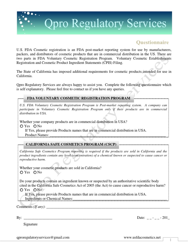 US FDA Voluntary Cosmetic Registration Form - Qpro Regulatory Services ...