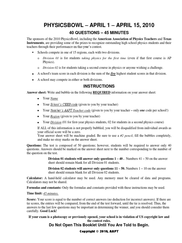 PhysicsBowl 2010 | PDF