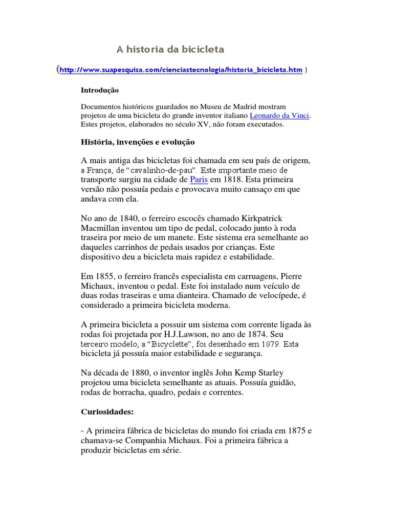 A Historia Da Bicicleta | PDF | Cidade | Transporte