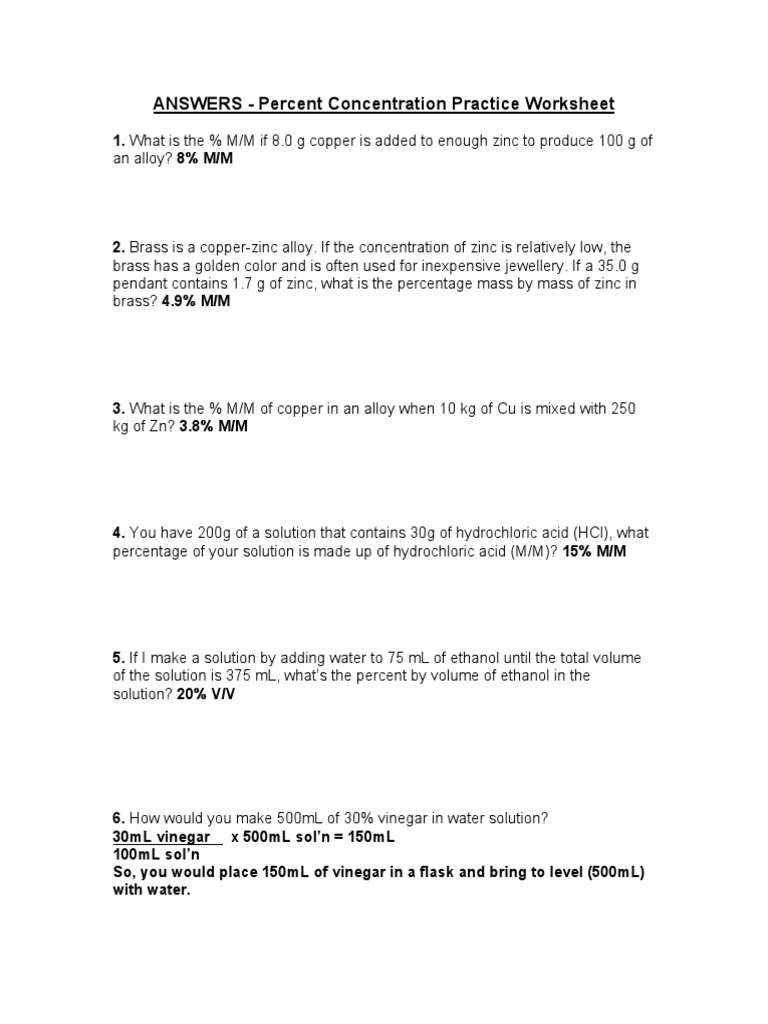 Answers Percent Concentration Worksheet | PDF