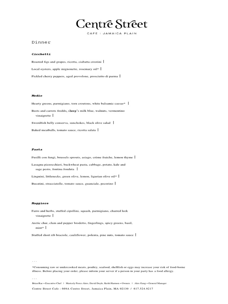 Centre Street Cafe Opening Menu | PDF