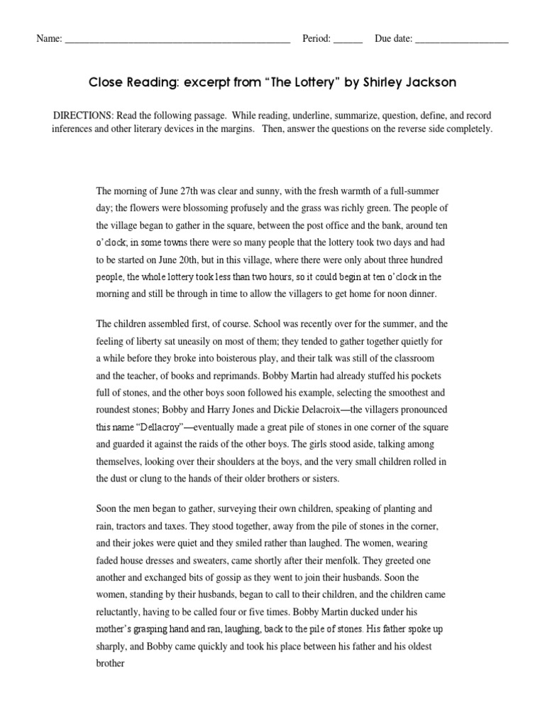 Close Reading - Lottery | PDF | Narration