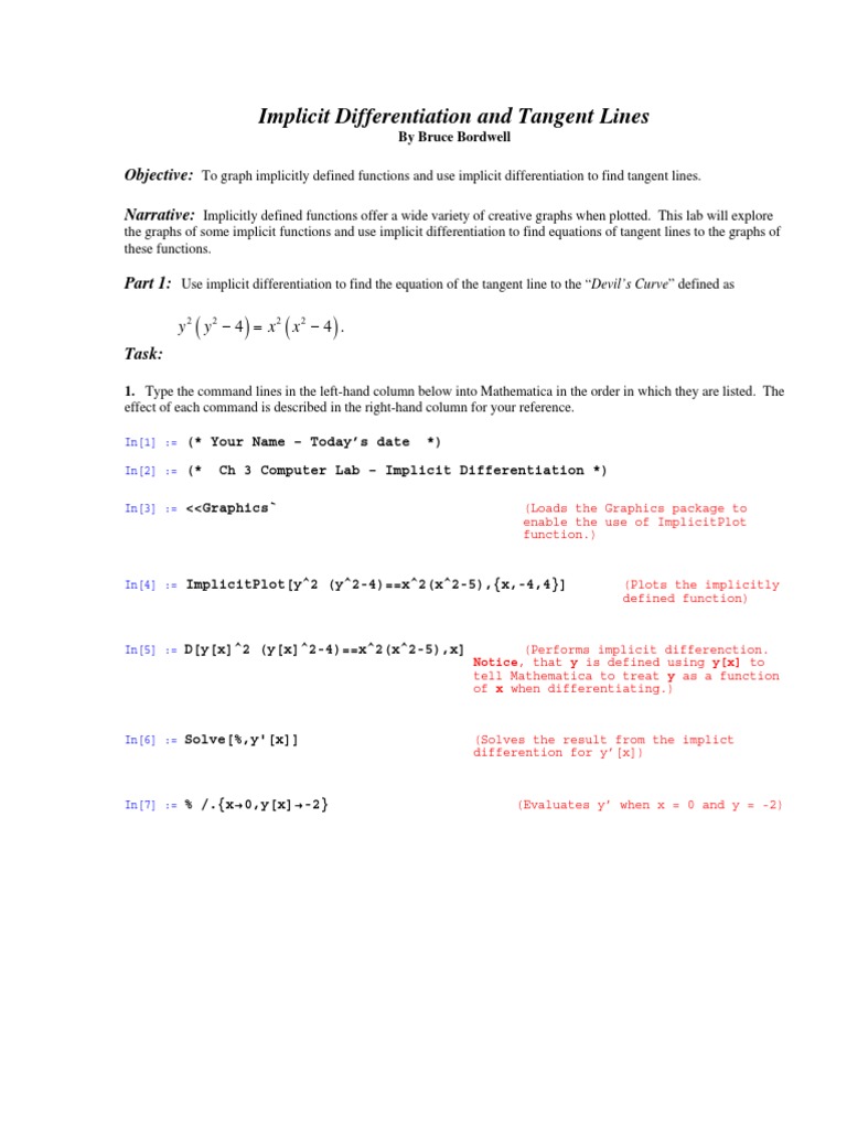 Implicit Differentiation and Tangent Lines Mathematica Lab | PDF | Tangent | Differential Calculus