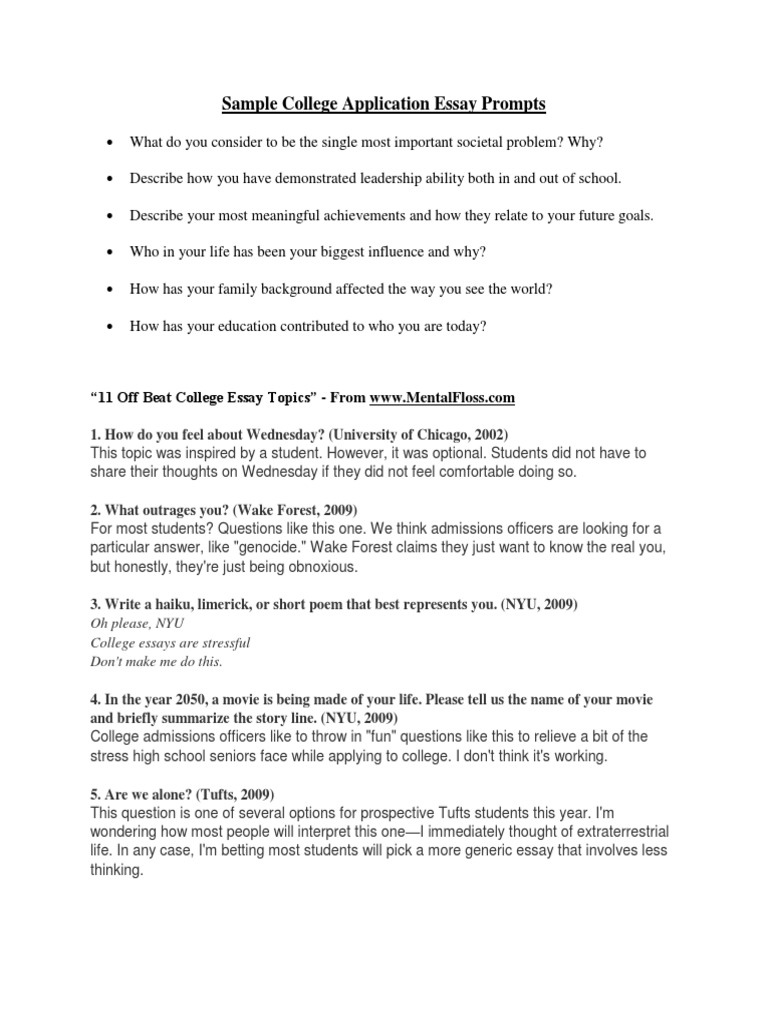 Unique College Essay Prompts Guide | PDF | College Admissions In The ...