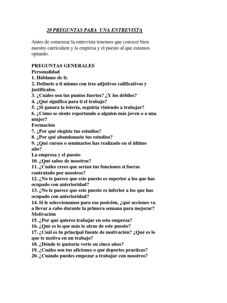 20 Preguntas para Entrevista | PDF