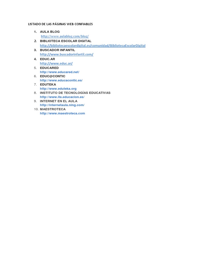 Listado de Las Páginas Web Confiables