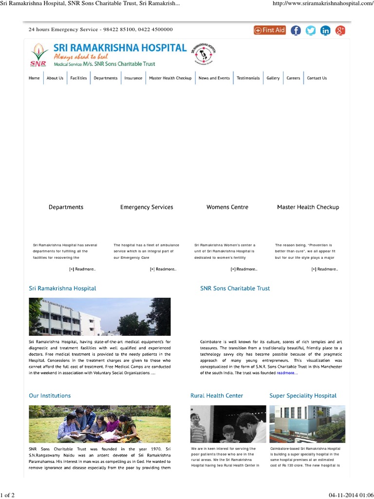 Sri Ramakrishna Hospital, SNR Sons Charitable Trust, Sri Ramakrishna ...