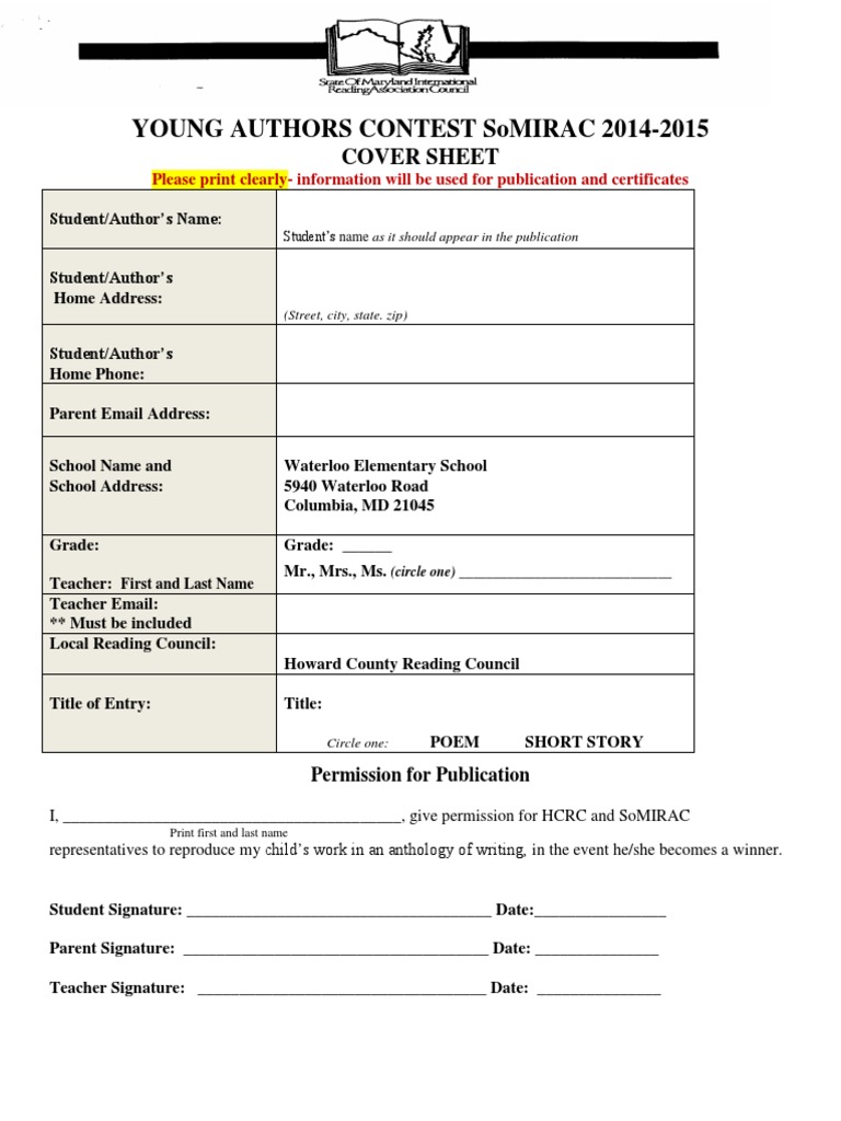 Young Authors Contest Cover Sheet 2014-2015 | PDF