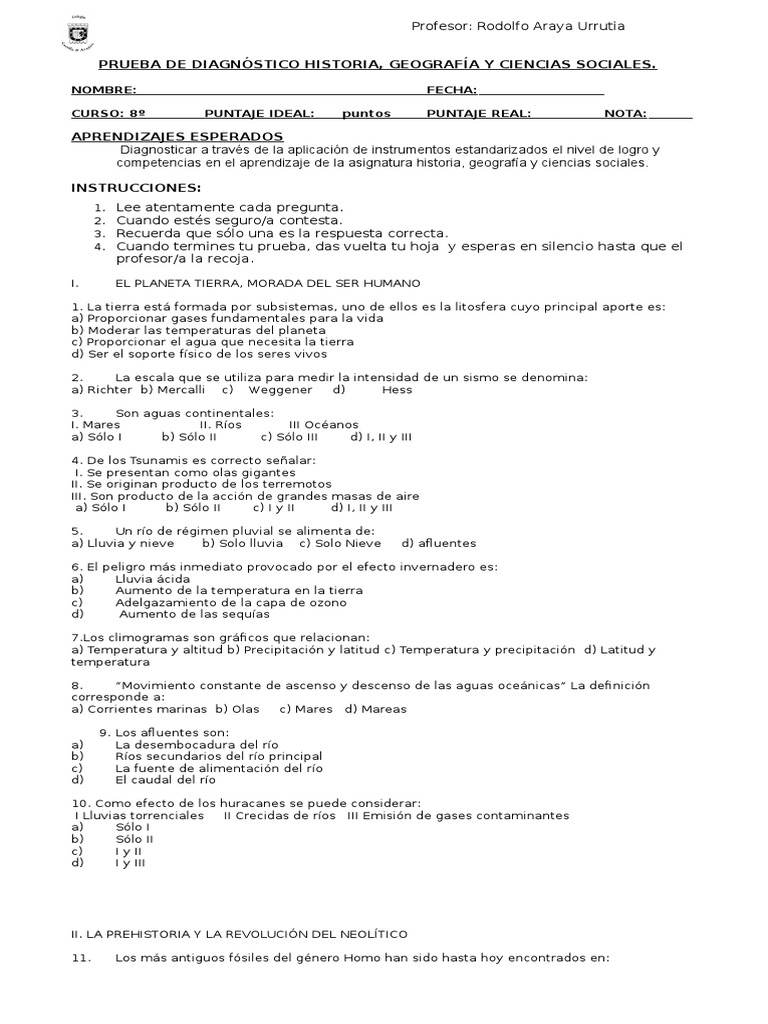 Prueba Diagnóstica Historia 8º Básico | PDF | Naturaleza | Música clásica