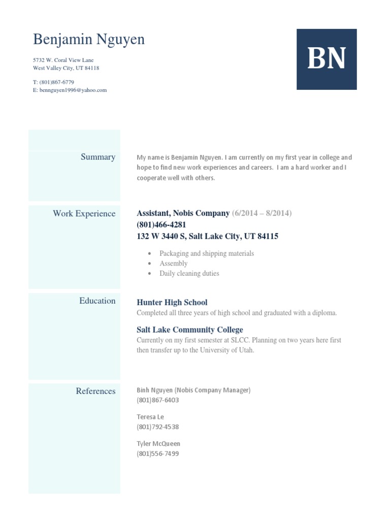Benjamin Nguyen's Work Experience Resume | PDF