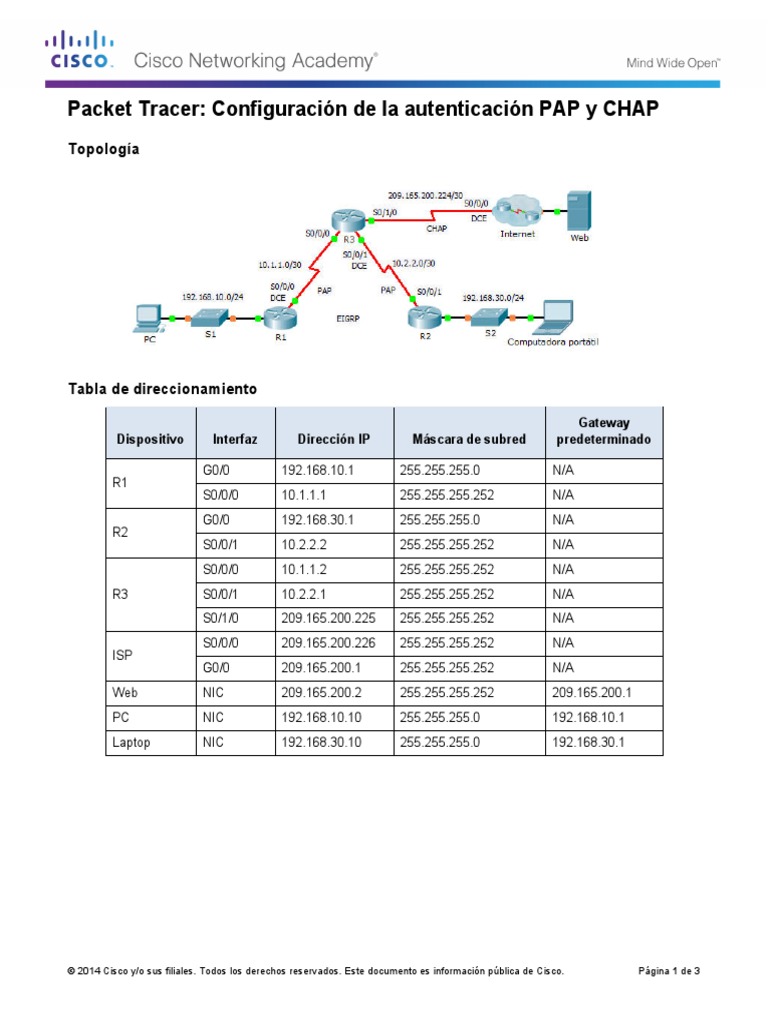 3.3.2.7 Packet Tracer - Configuring PAP and CHAP Authentication Instructions | PDF | Contraseña ...