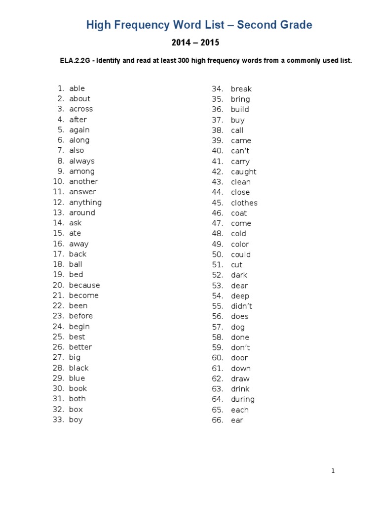 Second Grade High Frequency Words List | PDF