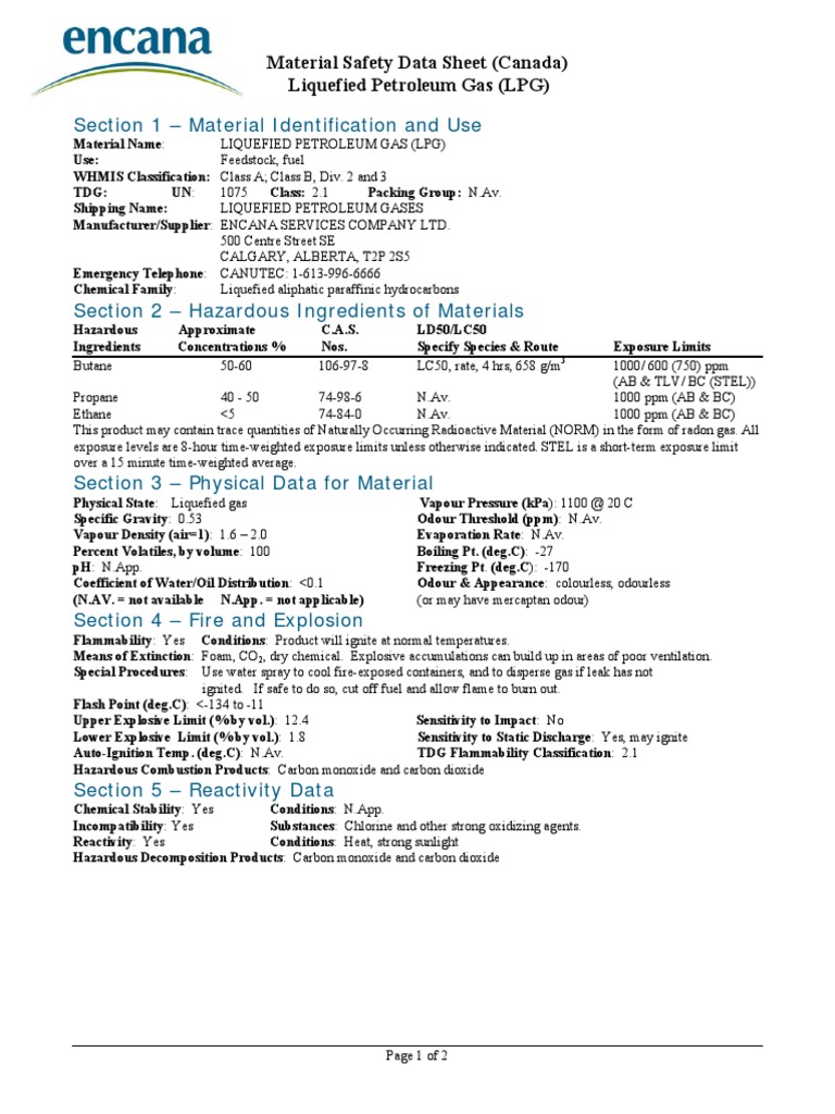 Encana LPG MSDS | PDF | Liquefied Petroleum Gas | Explosive Material