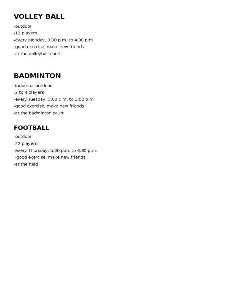 Weekly Sports Activities Schedule | PDF