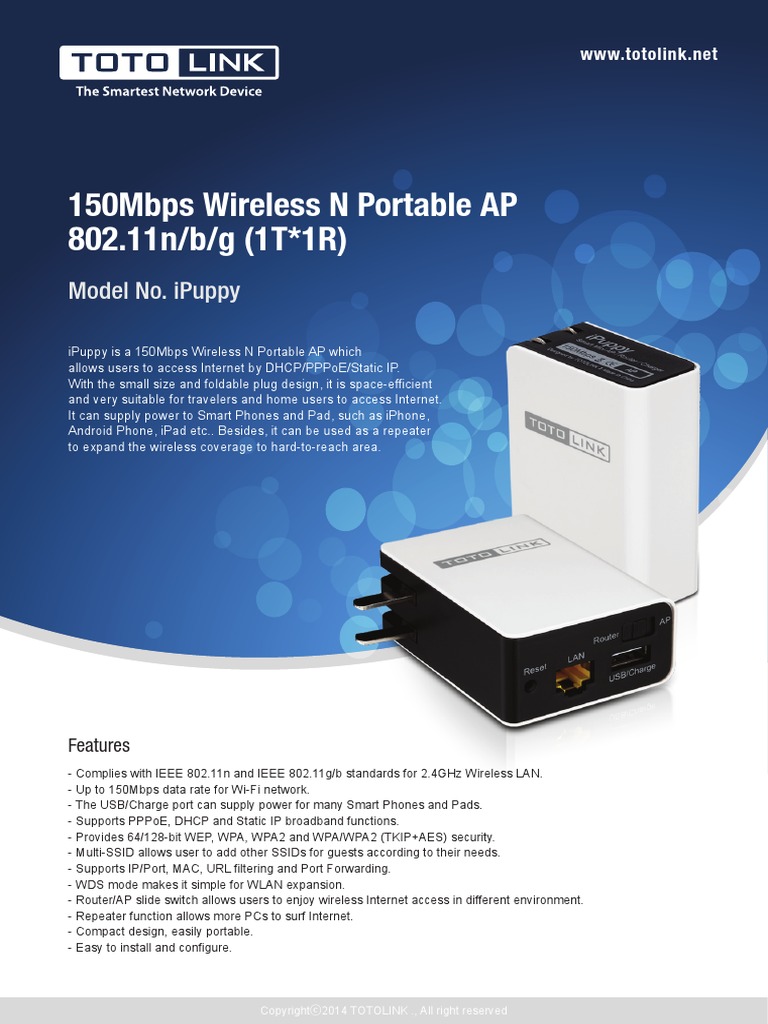 150Mbps Wireless N Portable Ap 802.11N/B/G (1T 1R) : Model No. Ipuppy | PDF
