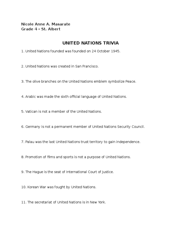 United Nations Trivia Facts for Kids | PDF