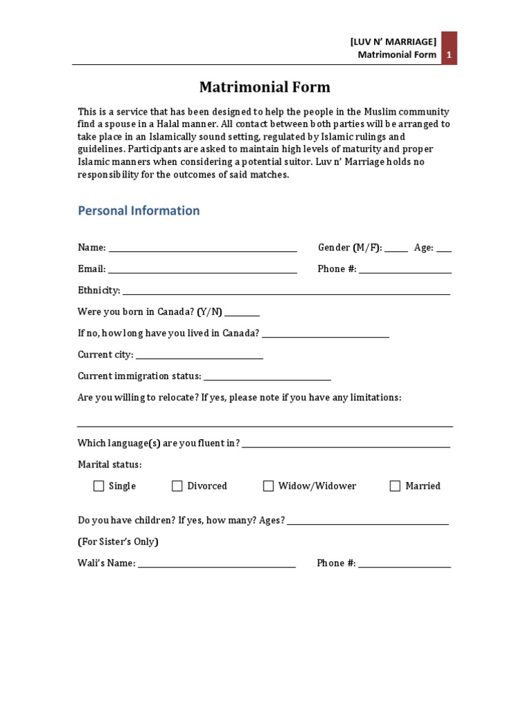 Matrimonial Form: Personal Information | PDF