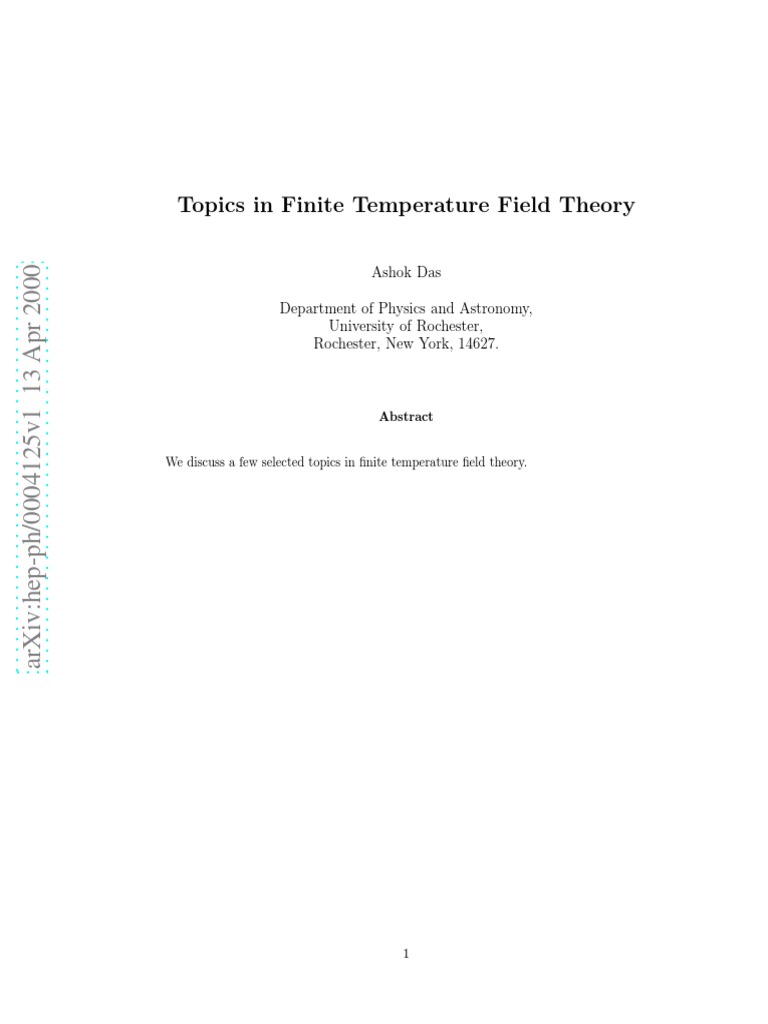 Arxiv - 0004125v1 - Ashok - Das - Topics in Finite Temperature Field Theory | PDF | Quantum ...