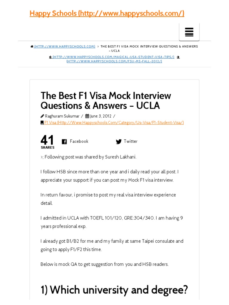The Best F1 Visa Mock Interview Questions & Answers - UCLA | PDF ...