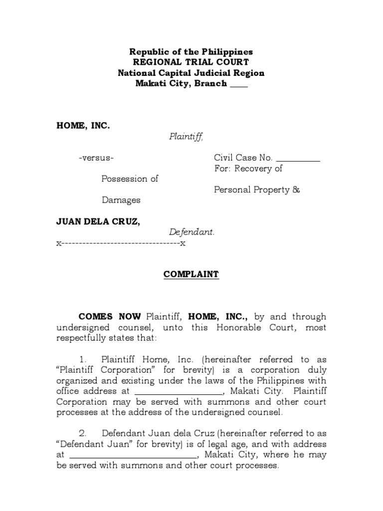 Sample COmplaint With Replevin | Lawsuit | Damages