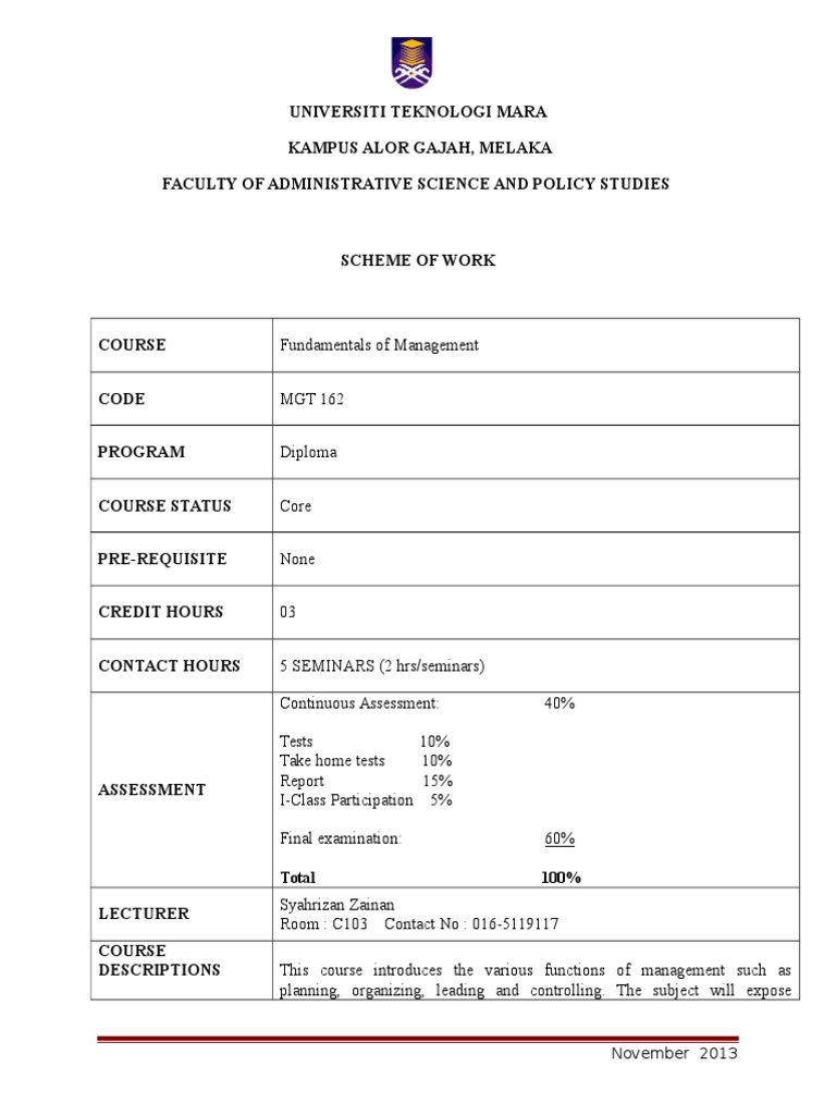 Scheme of Work-MGT162 | PDF | Motivation | Motivational