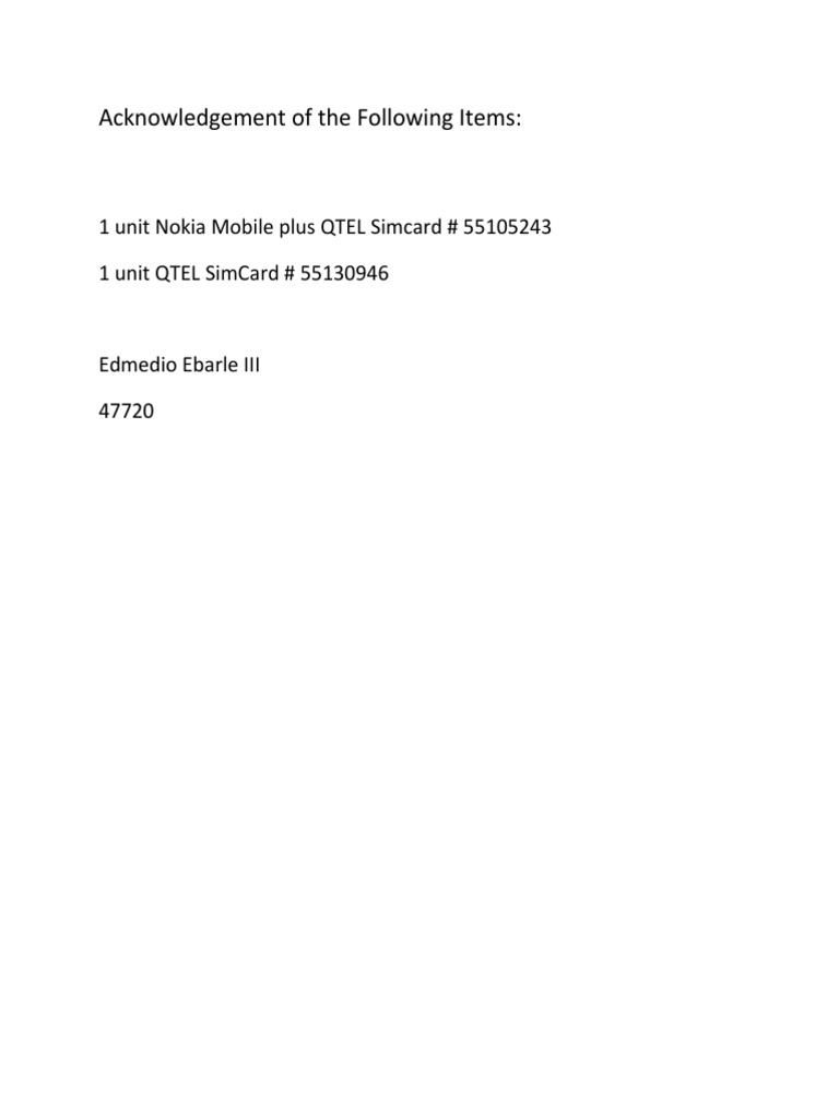 Nokia Mobile and QTEL Simcards Acknowledgement | PDF