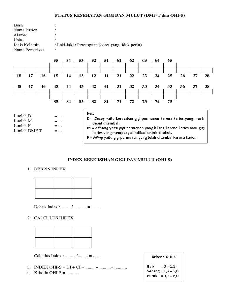 Form Pemeriksaan Gigi Dan Mulut (Odontogram Dan OHIS) | PDF