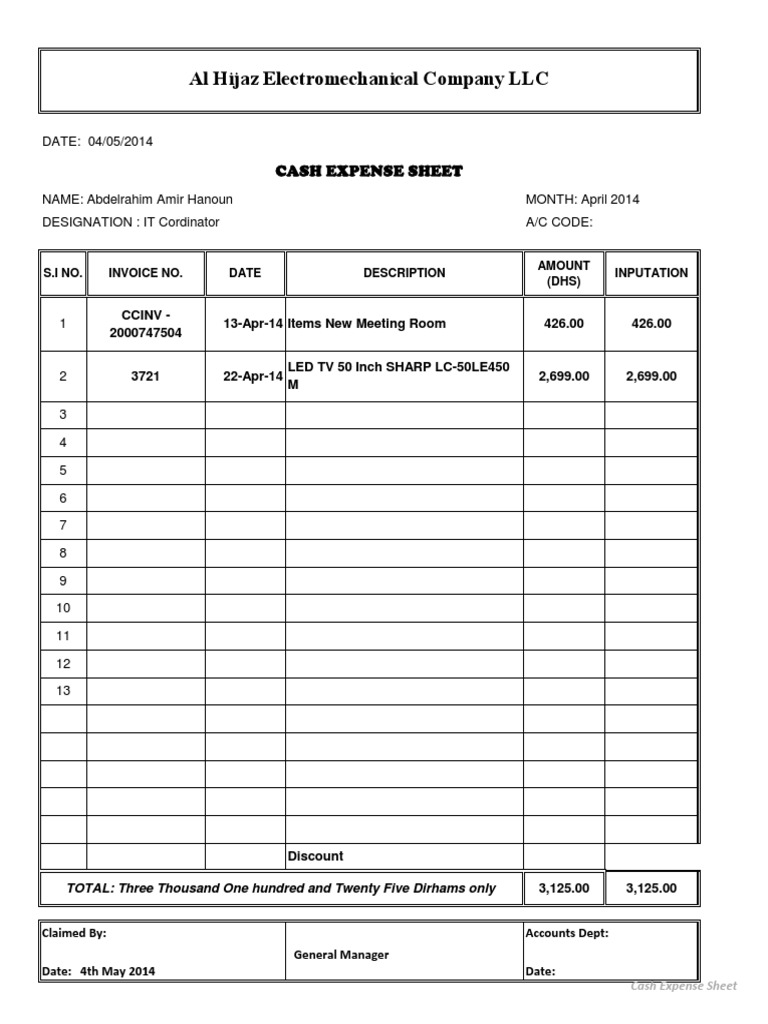 April 2014 Cash Expense Sheet | PDF