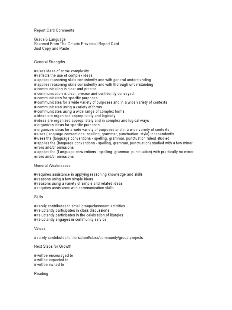 Grade 6 Reading Report Card Comments | PDF | Speech | Reading Comprehension