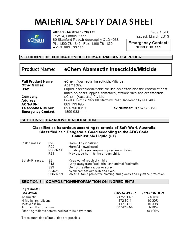 Abamectin MSDS | PDF | Poison | Dangerous Goods