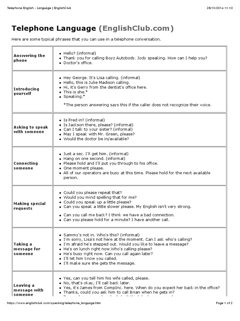 Essential Telephone English Phrases | PDF | English Language