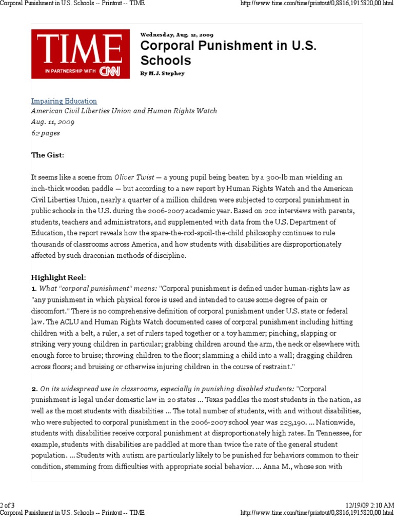 Corporal Punishment in U.S. Schools: Impairing Education | PDF ...
