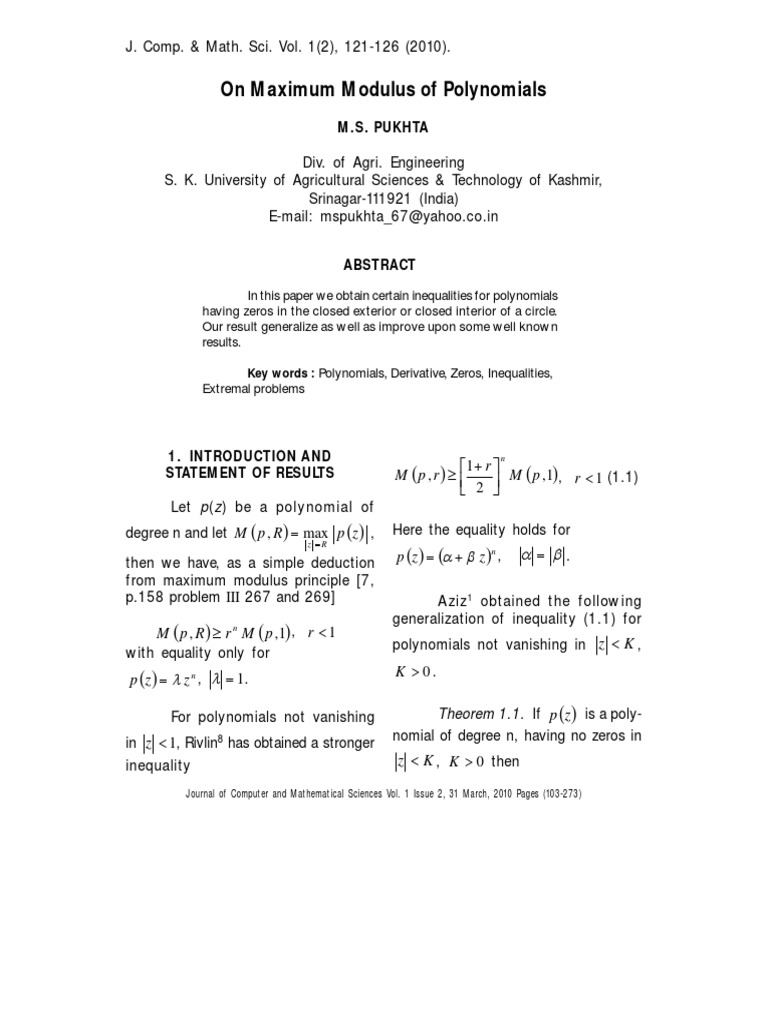 On Maximum Modulus of Polynomials | PDF | Polynomial | Theorem