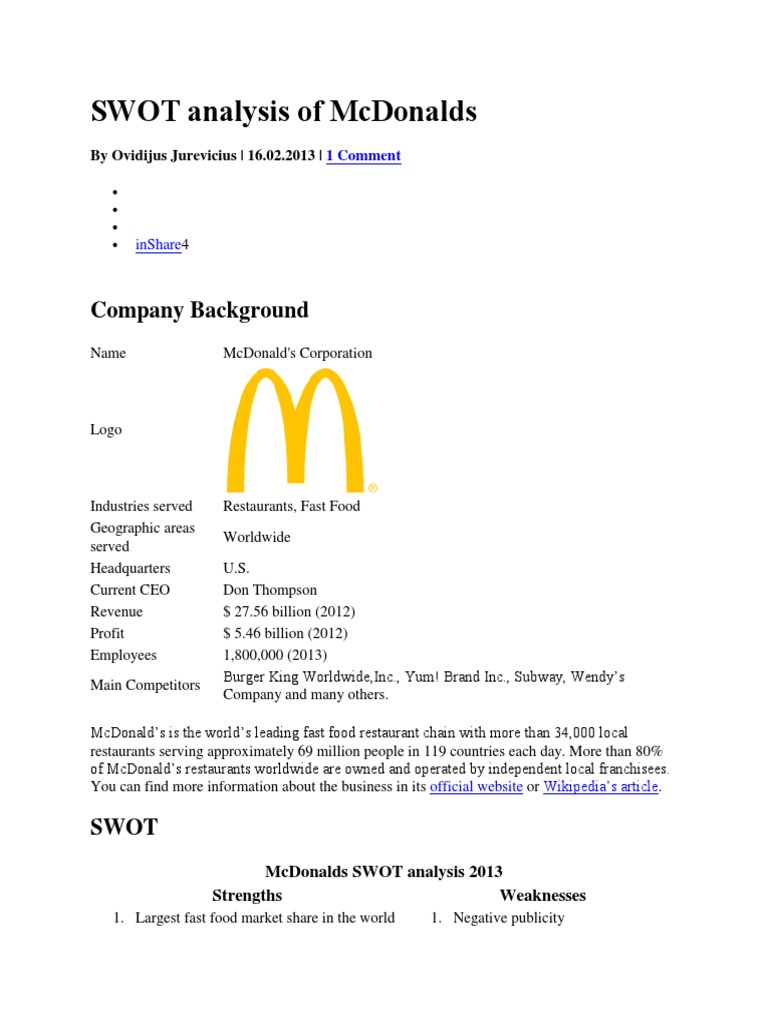 McDonalds SWOT Analysis | Fast Food Restaurants | Mc Donald's