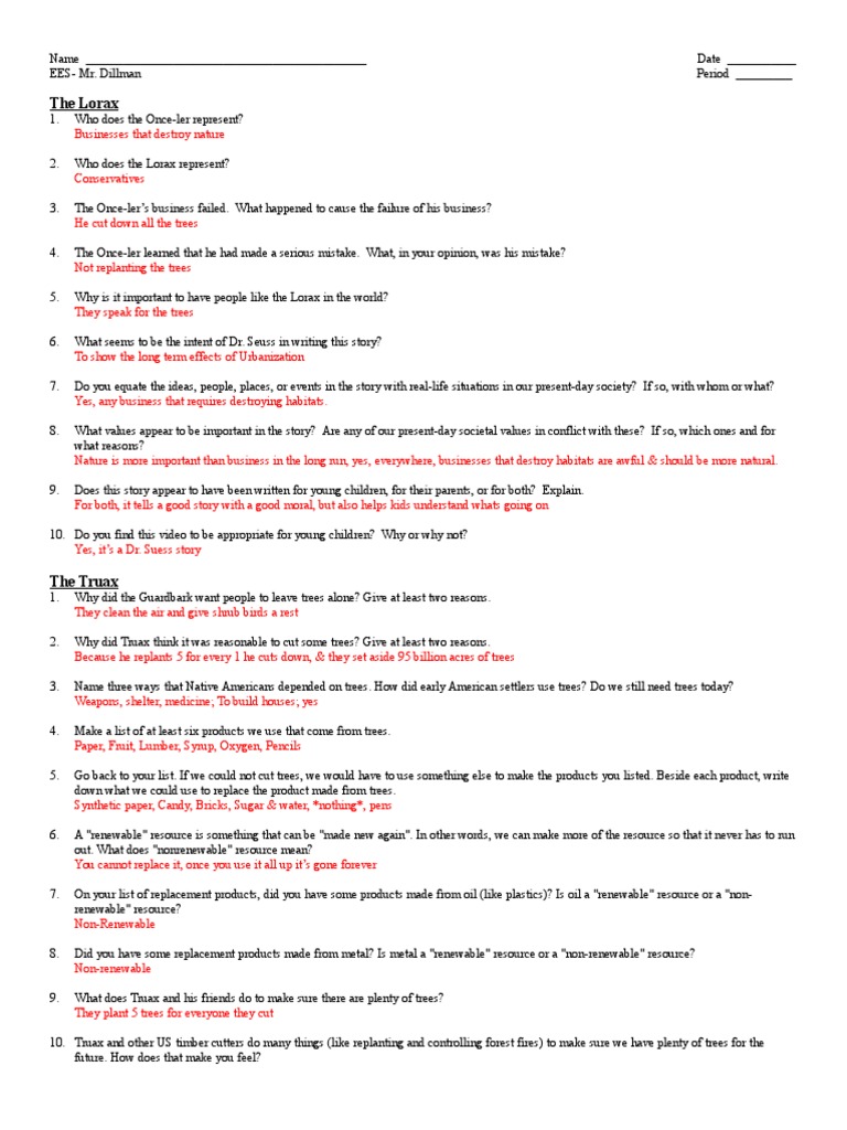Lorax Truax Questions | PDF | Trees | Nature